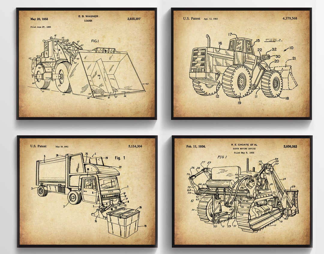 4 Construction Set Blueprint, Heavy Equipment, Transportation Art ...