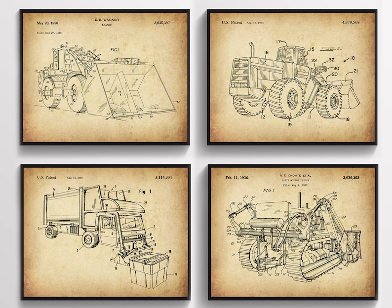 4 Construction Set Blueprint, Heavy Equipment, Transportation Art ...