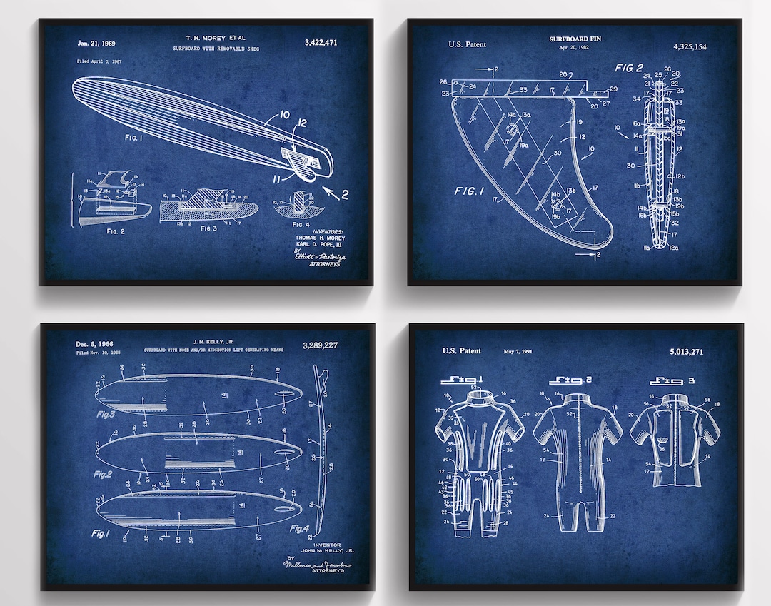 4 Surfing Blueprint Surfer Gift Surf Artwork Surfing Patent Surfboard ...