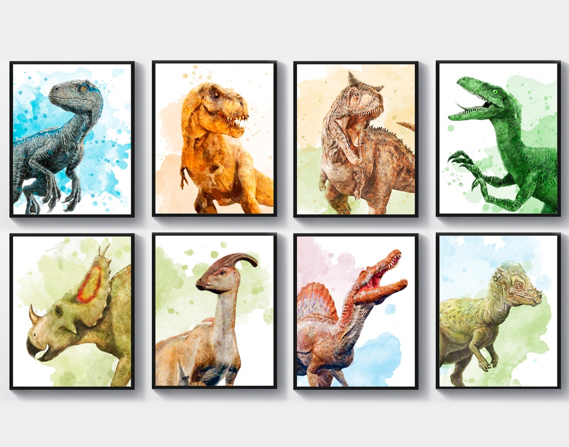 Dinosaur Art Set of 8 Giant Animal Poster Tyrannosaurus Velociraptor ...