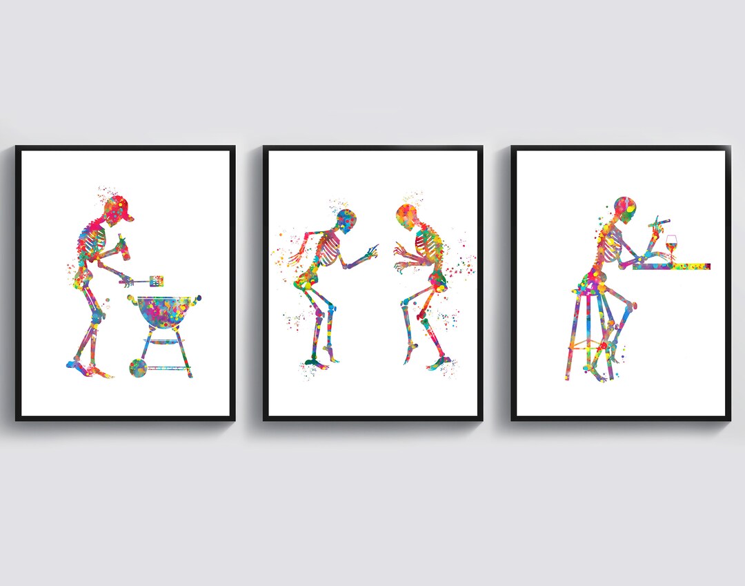 3 Skeletons Art Happy Skeletons Art Dancing Skeletons Painting Cooking ...