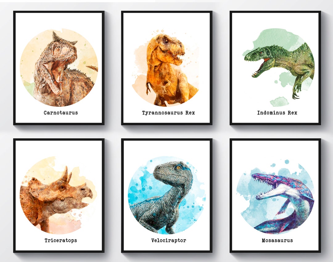 6 Jurassic Dinosaurs Names Art Watercolor Tyrannosaurus Rex Carnotaurus ...