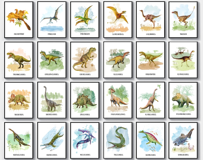 Dinosaur With Names Poster Set 24 Dinosaur Watercolor Art Dinosaur ...