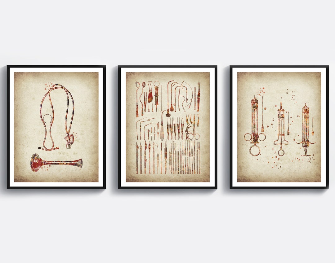 3 Vintage Doctor Instruments Art, Retro Stethoscope Art, Surgical Tools ...