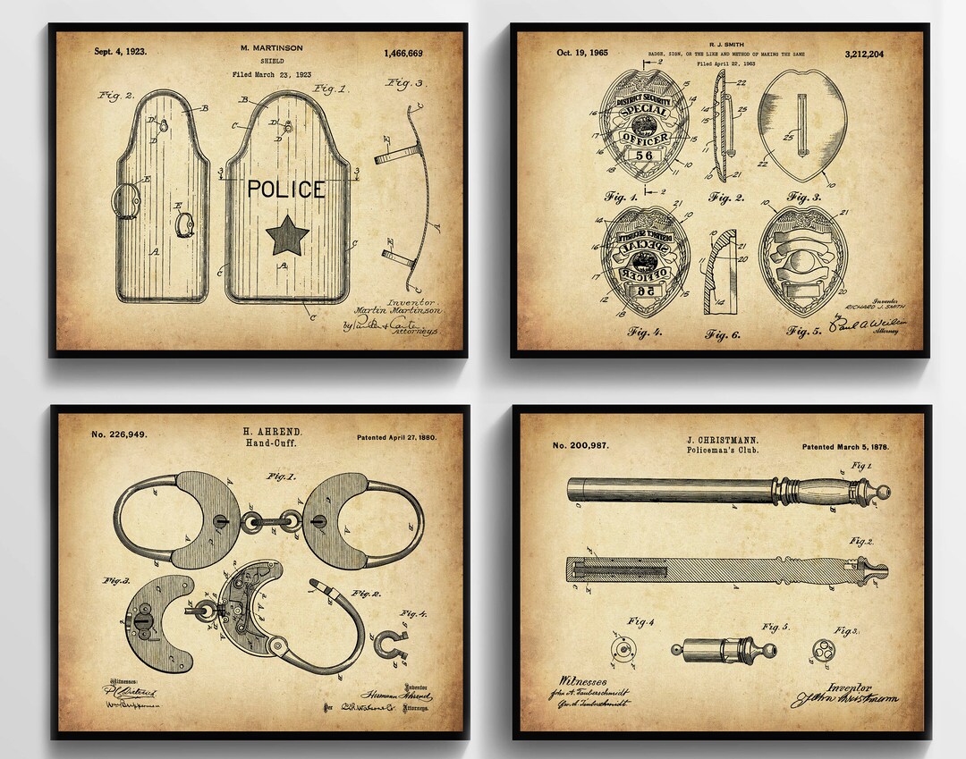 4 Vintage Police Patent Posters Policeman Equipment Blueprint Constable ...