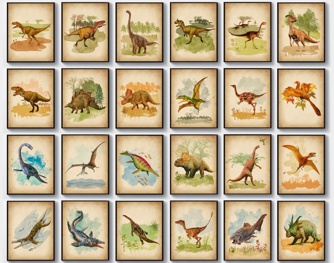 Set 24 Vintage Dinosaur Art Dinosaur Types Posters Watercolor Dinosaur ...