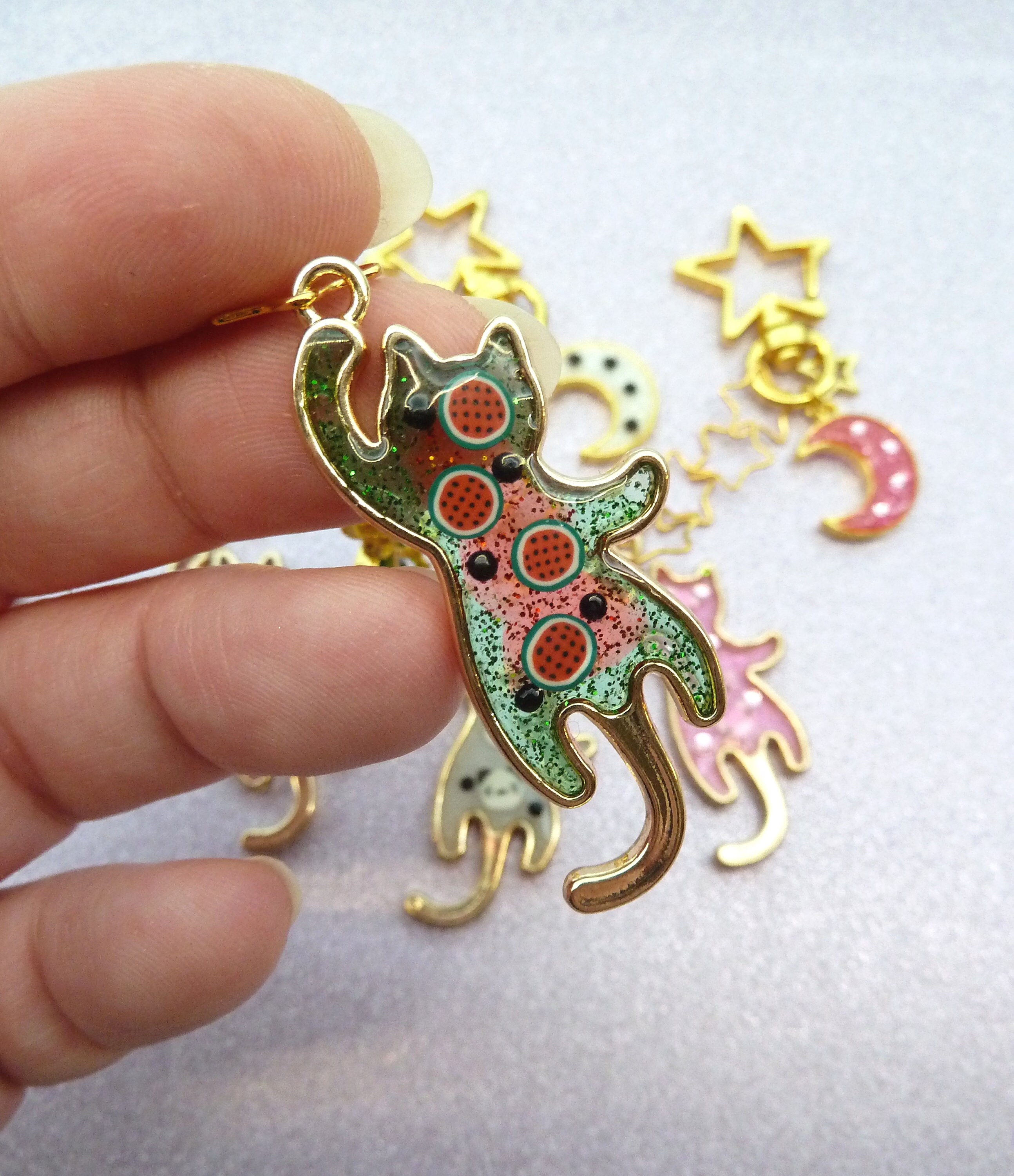 Cute cat keyring with star clasp and moon charm plus umbrella | Etsy