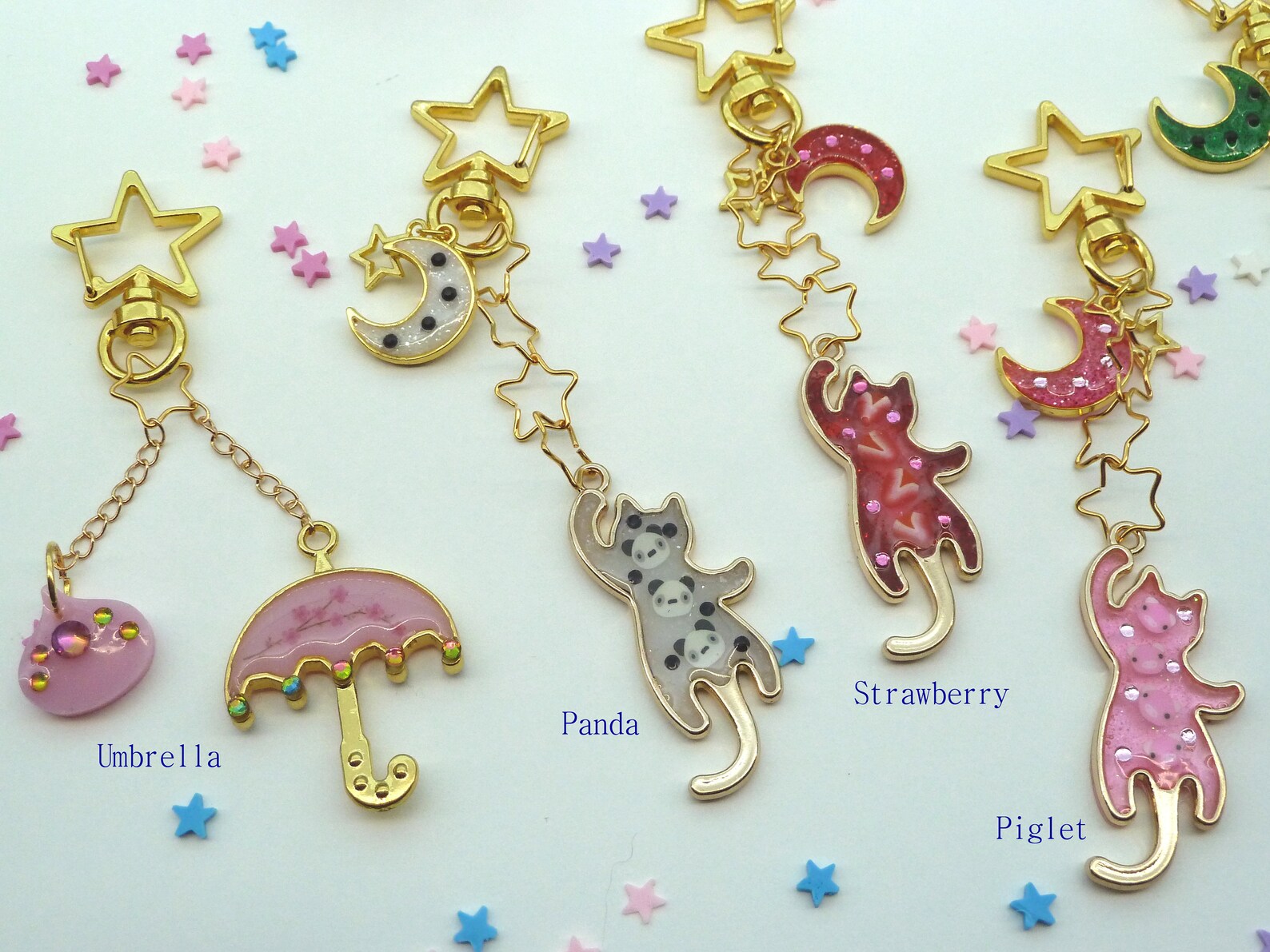 Cute Cat Keyring With Star Clasp and Moon Charm Plus Umbrella - Etsy