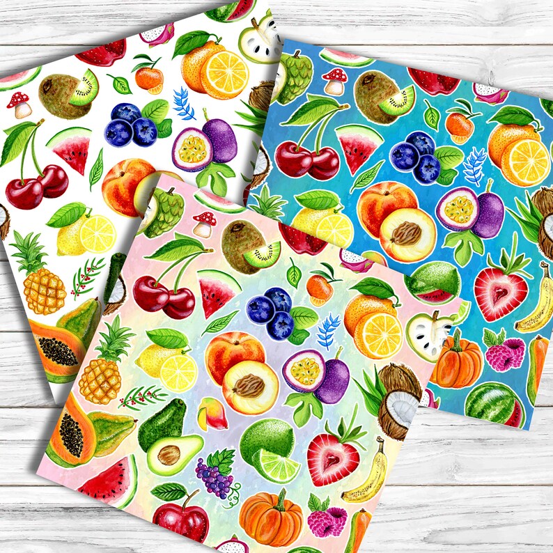 Watercolor Fruits Pattern - Digital Paper Pack - Tropical - Colorful ...