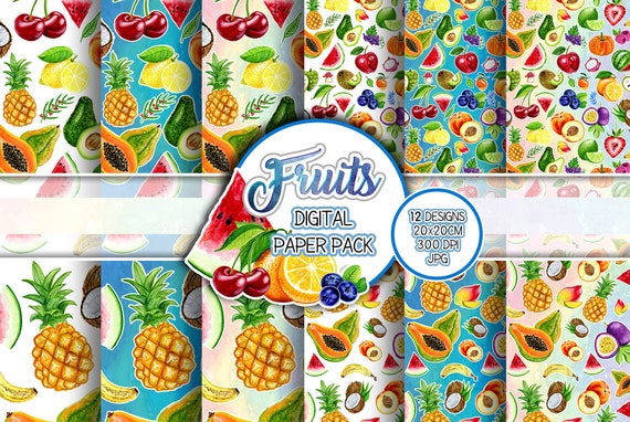 Watercolor Fruits Pattern Digital Paper Pack Tropical | Etsy