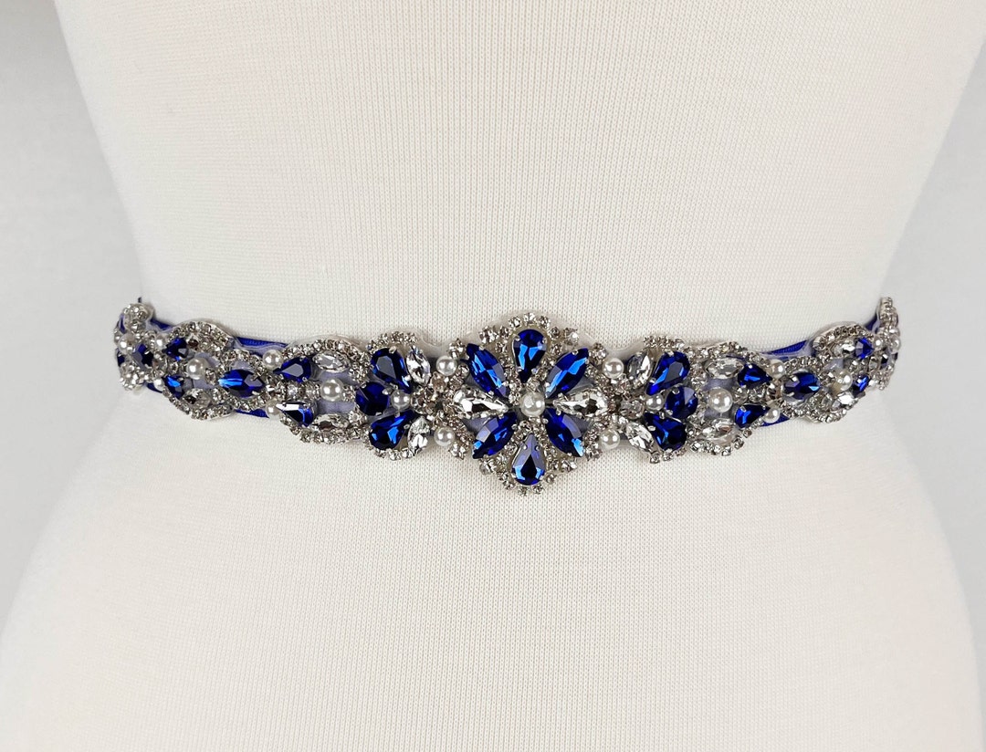 Cobalt Blue Belt | Wedding Dress Belt | Silver Wedding Belt | Bridal ...