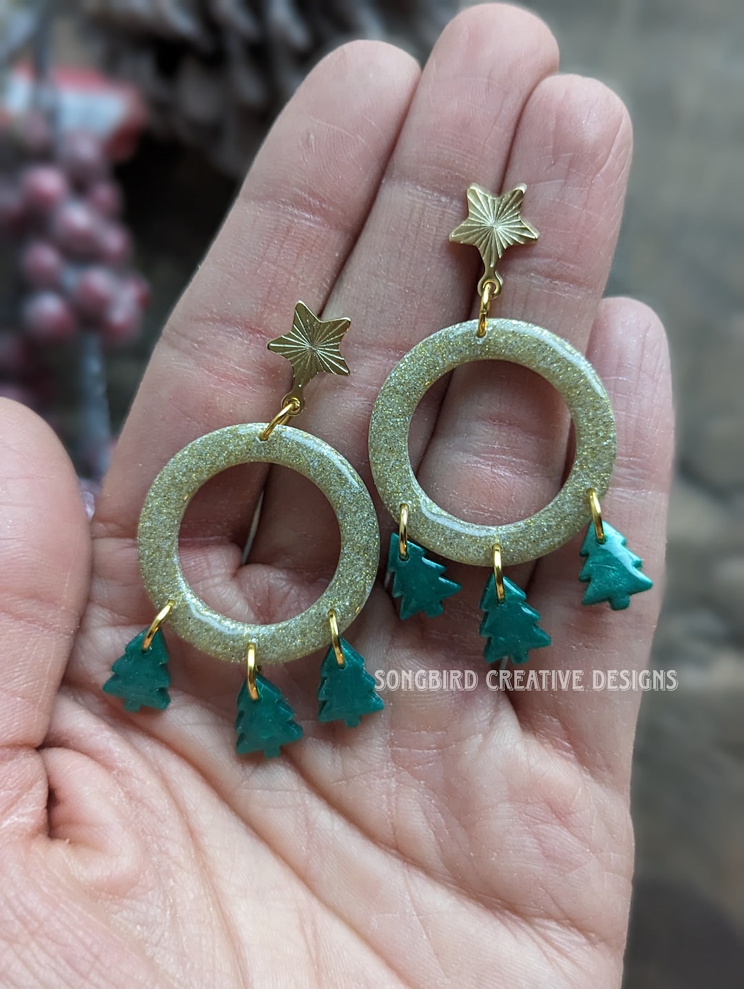 Elegant Golden Clay Hoops With Mini Tree Dangles Polymer Clay - Etsy