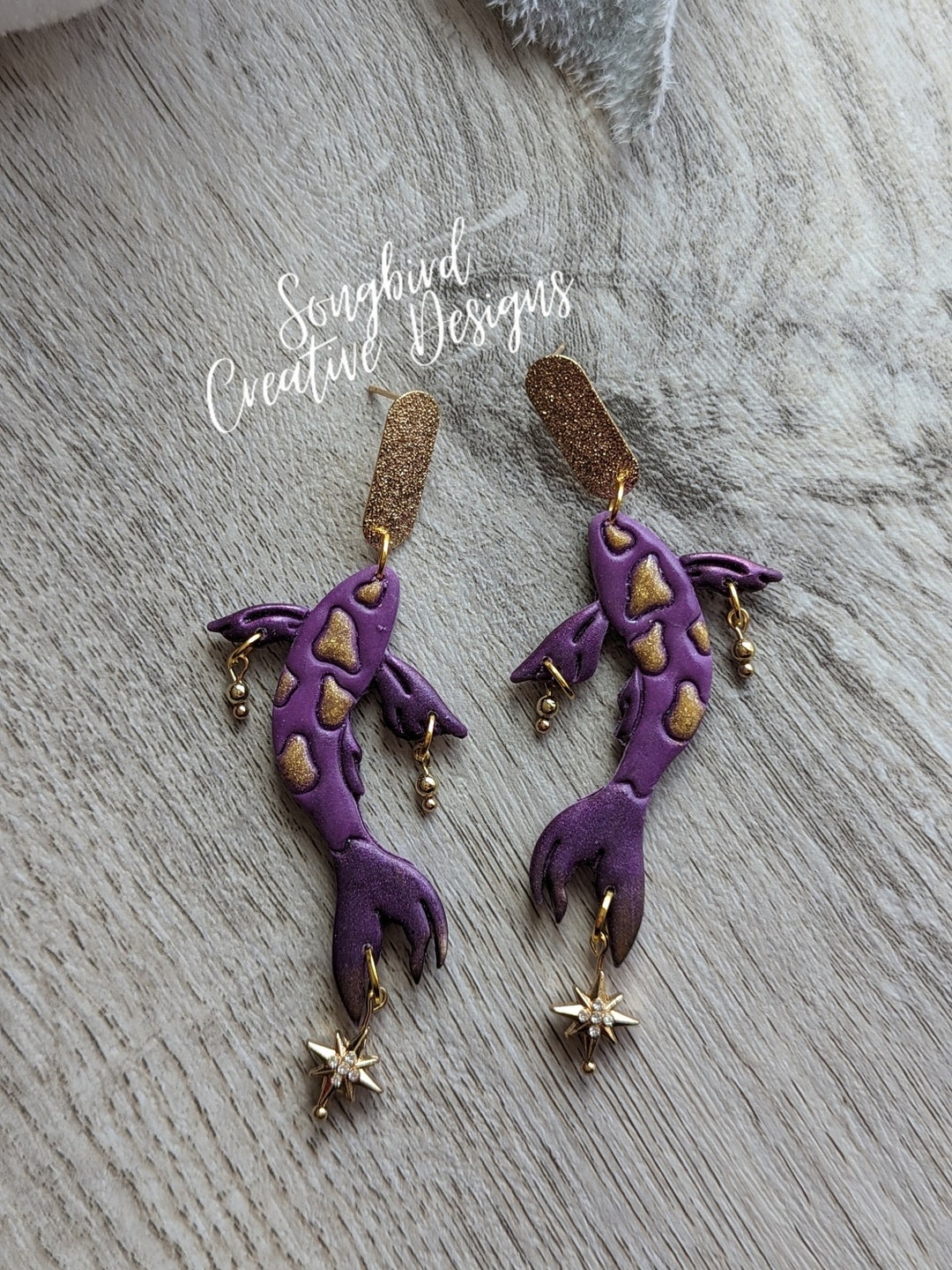Jewel of the Sea, Koi Fish Dangles in Amethyst & Gold, Polymer Clay ...