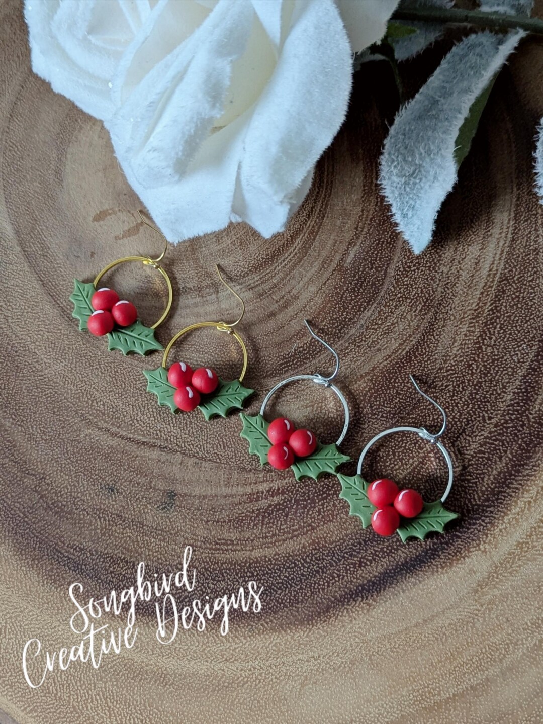 Holly Leaf With Berries, Polymer Clay Earrings, Stainless Steel Hooks ...