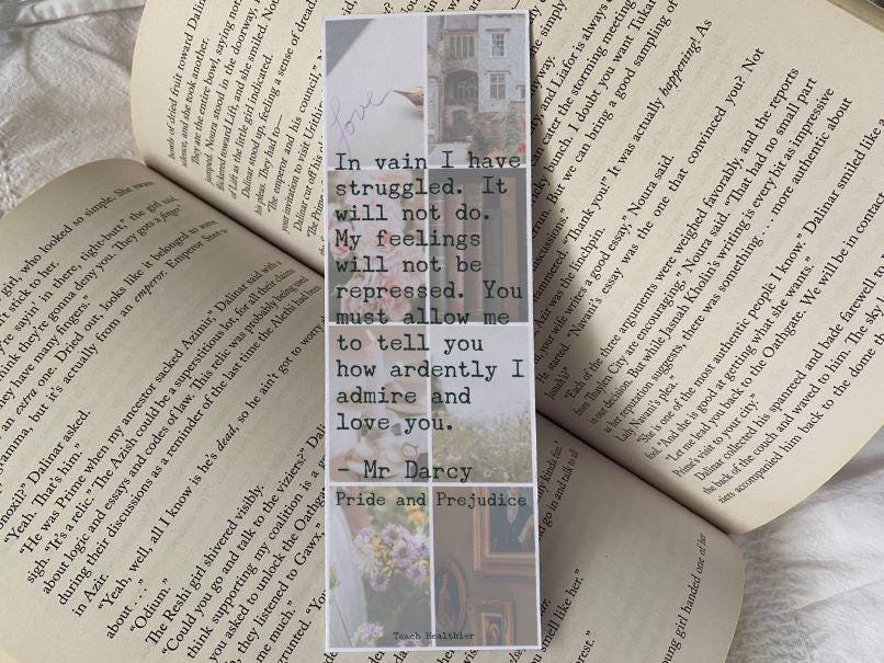 Pride and Prejudice Aesthetic Bookmark, Jane Austen Bookmark, Mr Darcy ...