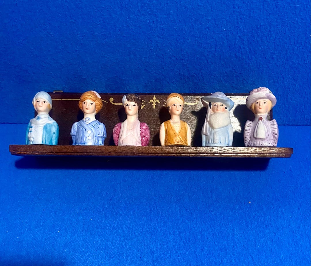 6 Vintage Avon Thimbles, Victorian Ladies. Ceramic Thimbles With Wooden ...