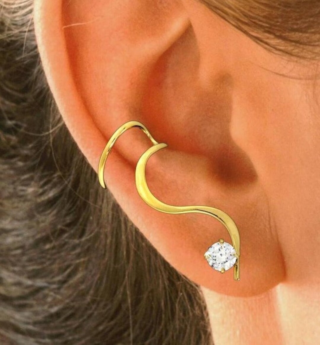 Elegant EARCUFF Classic Long Curve With CZ, Gold/silver Presented by ...