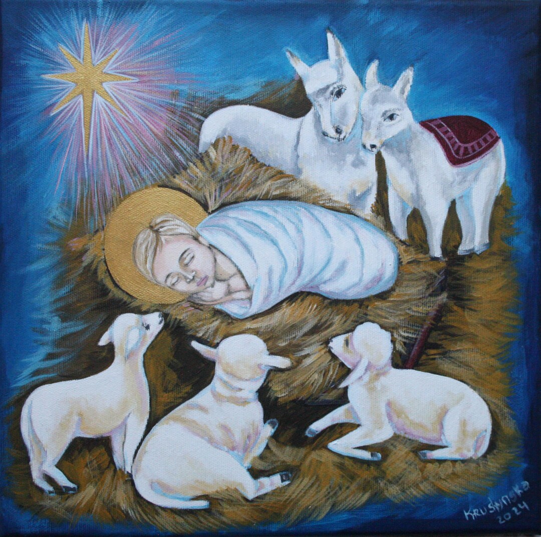 Christmas Painting, Religious Wall Art Nativity Baby Jesus With Lamps ...