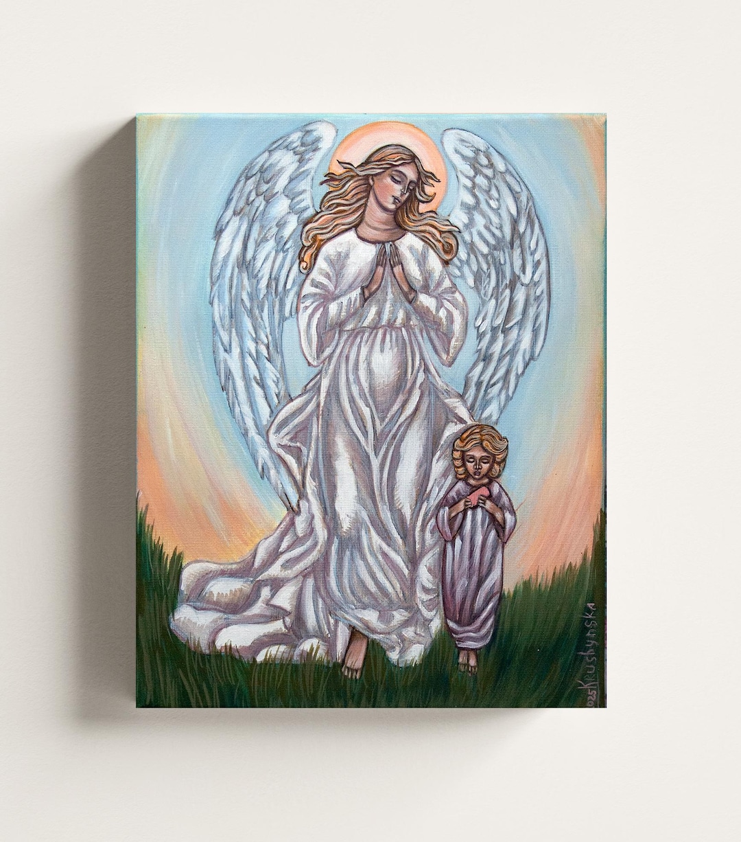 Guardian Angel With Child Painting Original Icon Painting Wings ...