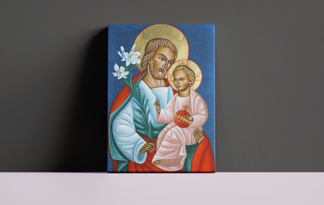 Icon of Saint Joseph With Jesus Child, Saint Joseph Religious Wall Art ...