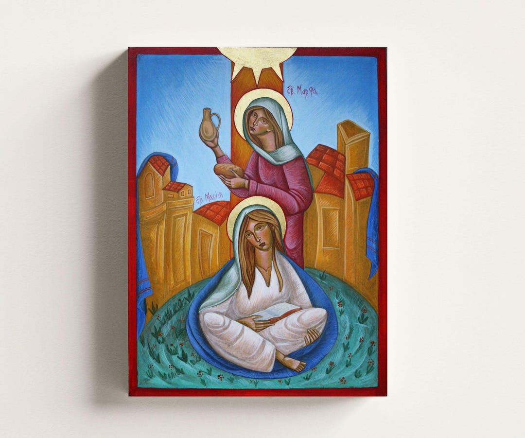 St Mary and Martha Icon, Religious Wall Art, Greek Icon on Wood, Bible ...