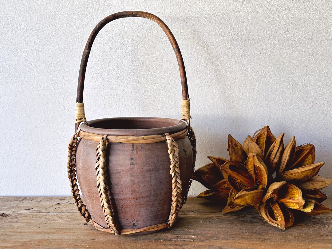 Vintage Hand Made Folk Art Pottery Basket With Handle Rustic ...