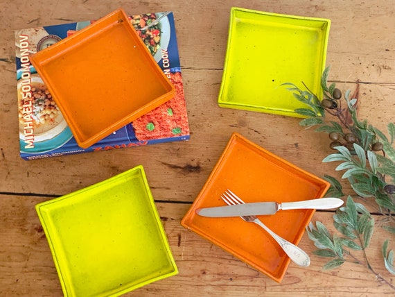 Vintage Square Ceramic Plates in Yellow and Orange Made in - Etsy
