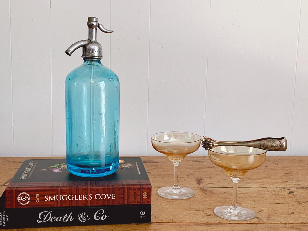 Vintage Blue Glass Etched Seltzer Bottle Bar Decor Kauffman Bev. Co ...