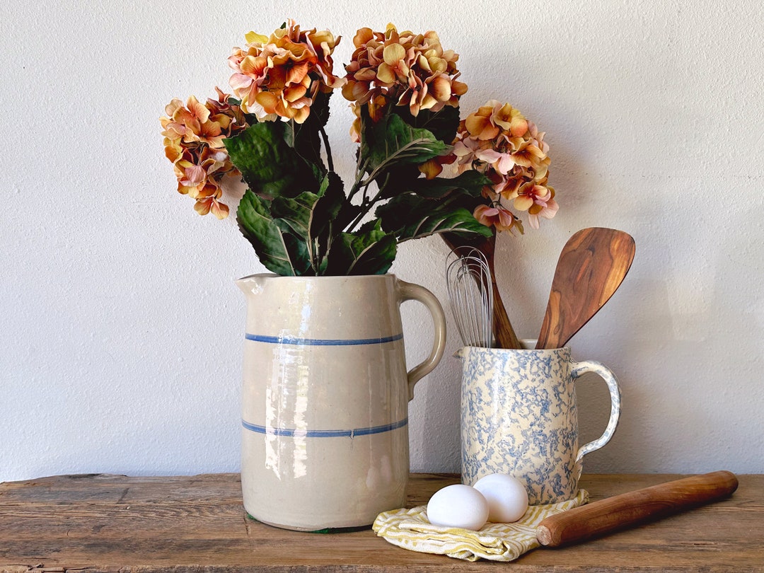 Vintage Natural Stoneware Pitcher With Blue Stripes French Country ...