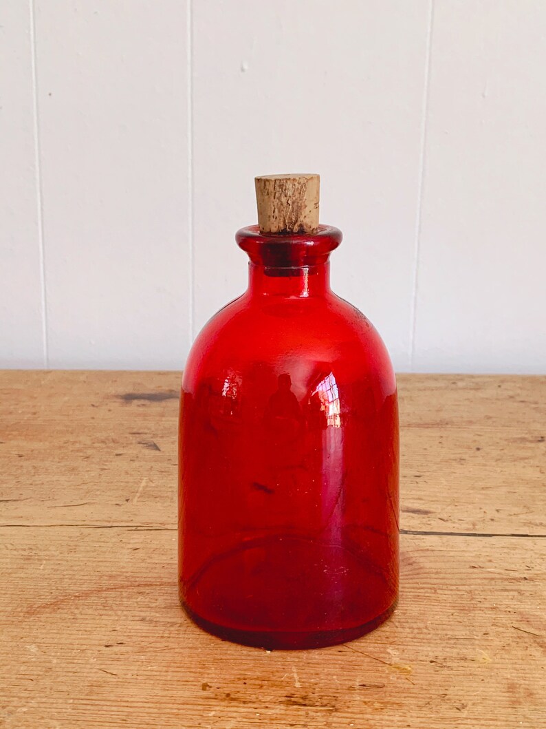 Vintage Ruby Red and Green Glass Bottle With Cork Farmhouse - Etsy