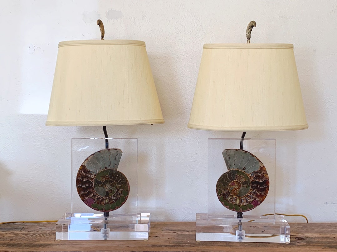 Pair of Vintage Mounted Ammonite Lucite Table Lamps 1970s Geometric ...