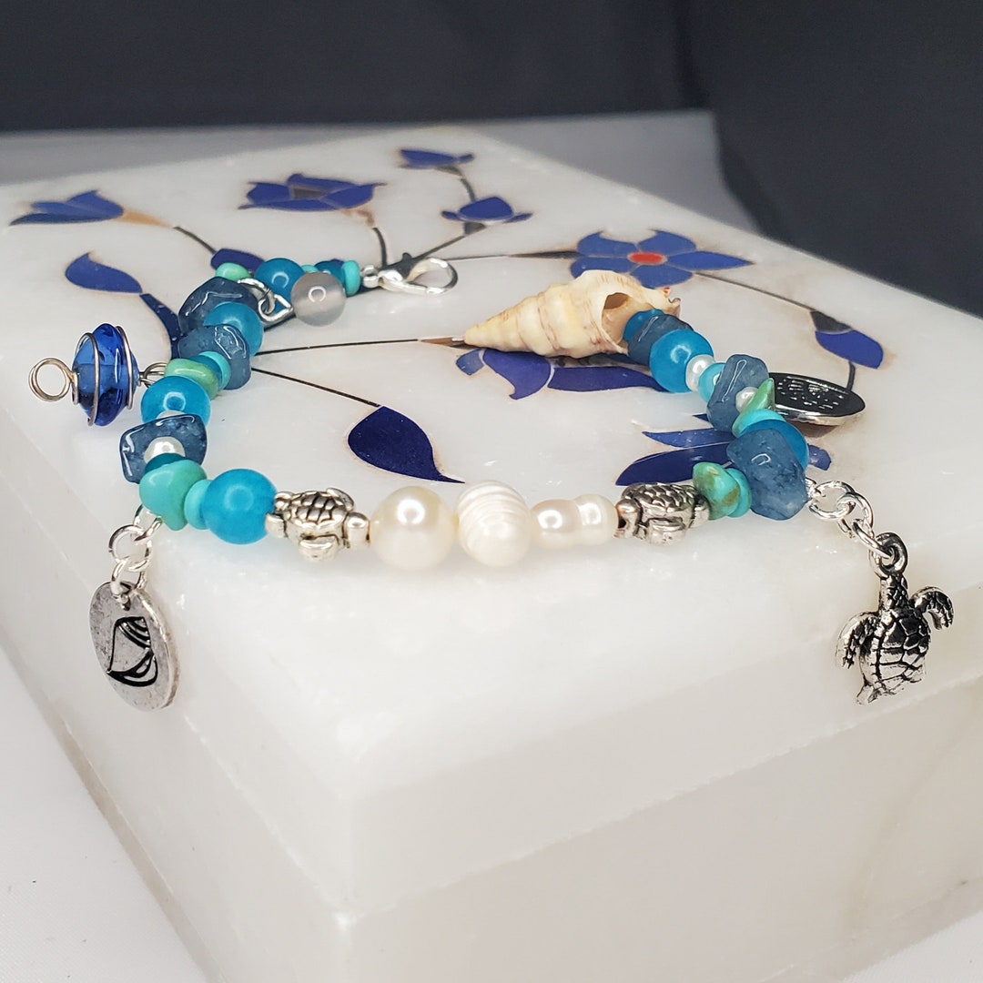 OCEAN Theme Natural Gemstone REAL SHELL Charm Bracelet, Pearl ...