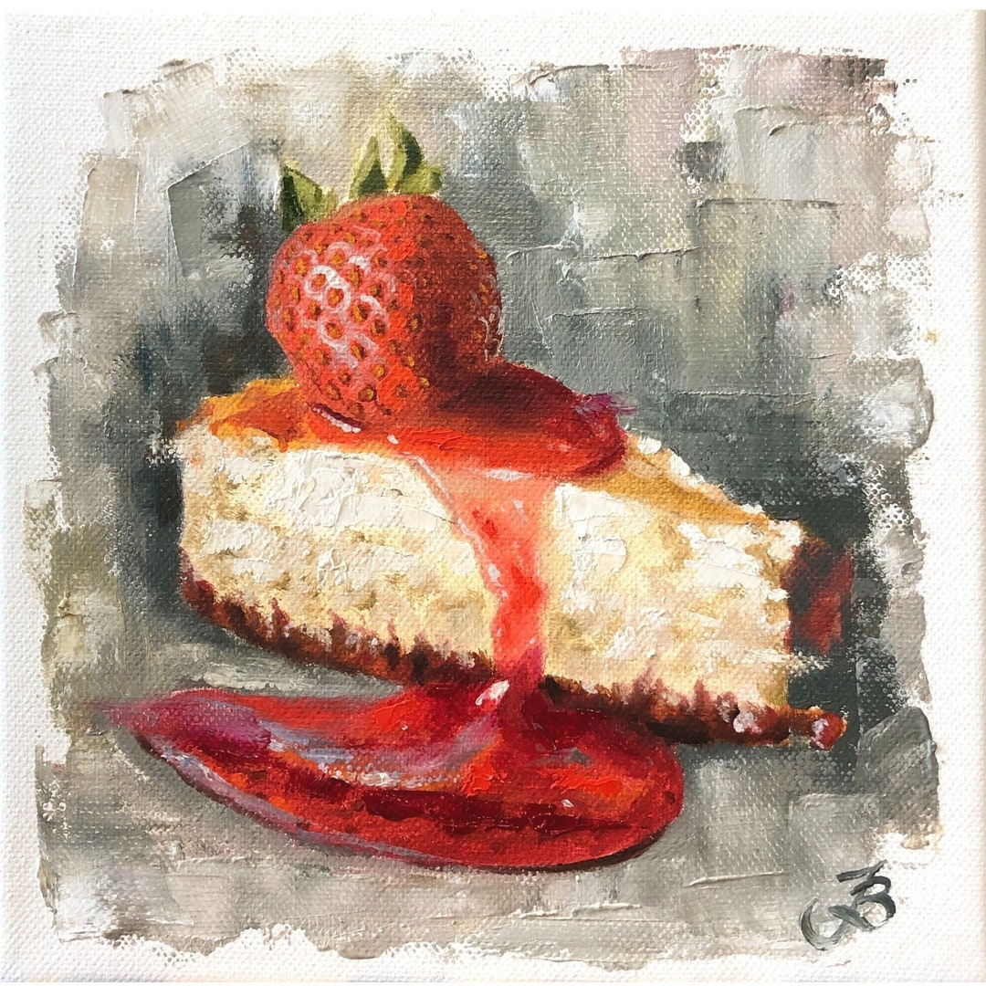 Cheesecake Painting Food Original Art Strawberry Artwork Dessert Wall ...