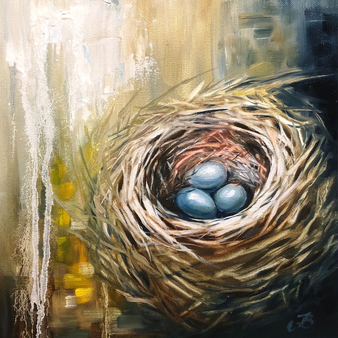 Bird Nest Painting Meadow Original Art Bird Nest Wall Art Meadow ...