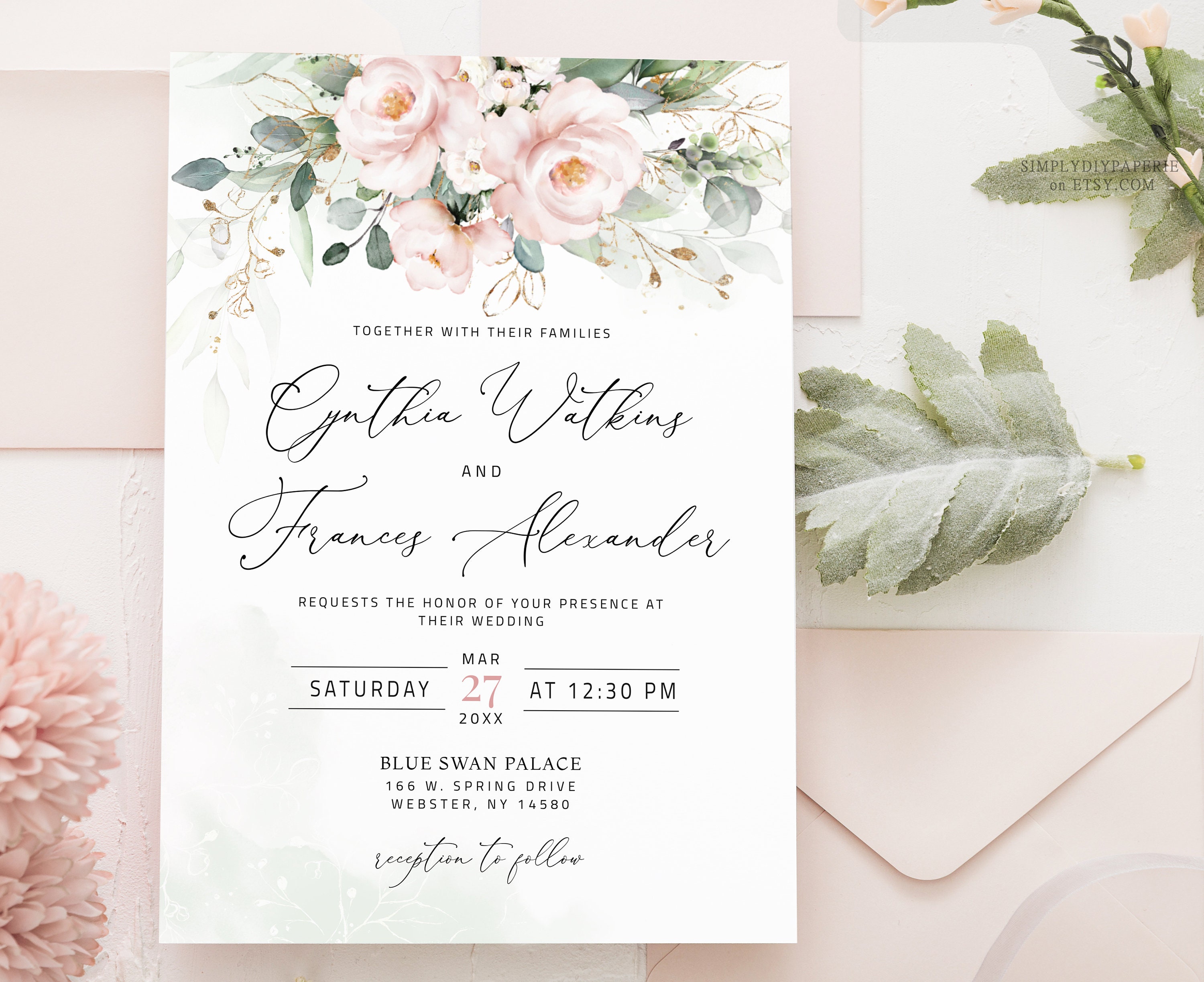 Pink & Leafy Wedding Invitation Set INSTANT DOWNLOAD Real Gold Foil ...