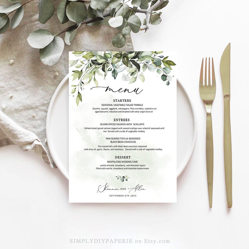 Greenery Menu Template Eucalyptus Menu Card Wedding Menu - Etsy