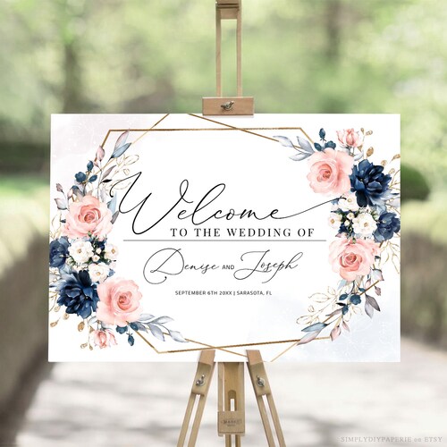 Navy and Blush Wedding Welcome Sign Printable Wedding Welcome - Etsy