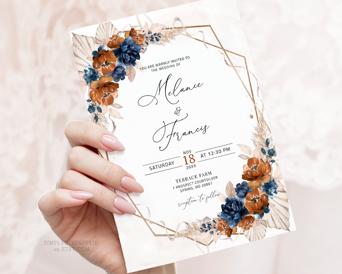 Rust Orange Wedding Invitation Template Download Navy and - Etsy