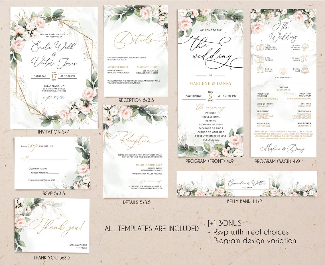 Blush Floral Wedding Invitation Template Greenery Wedding - Etsy