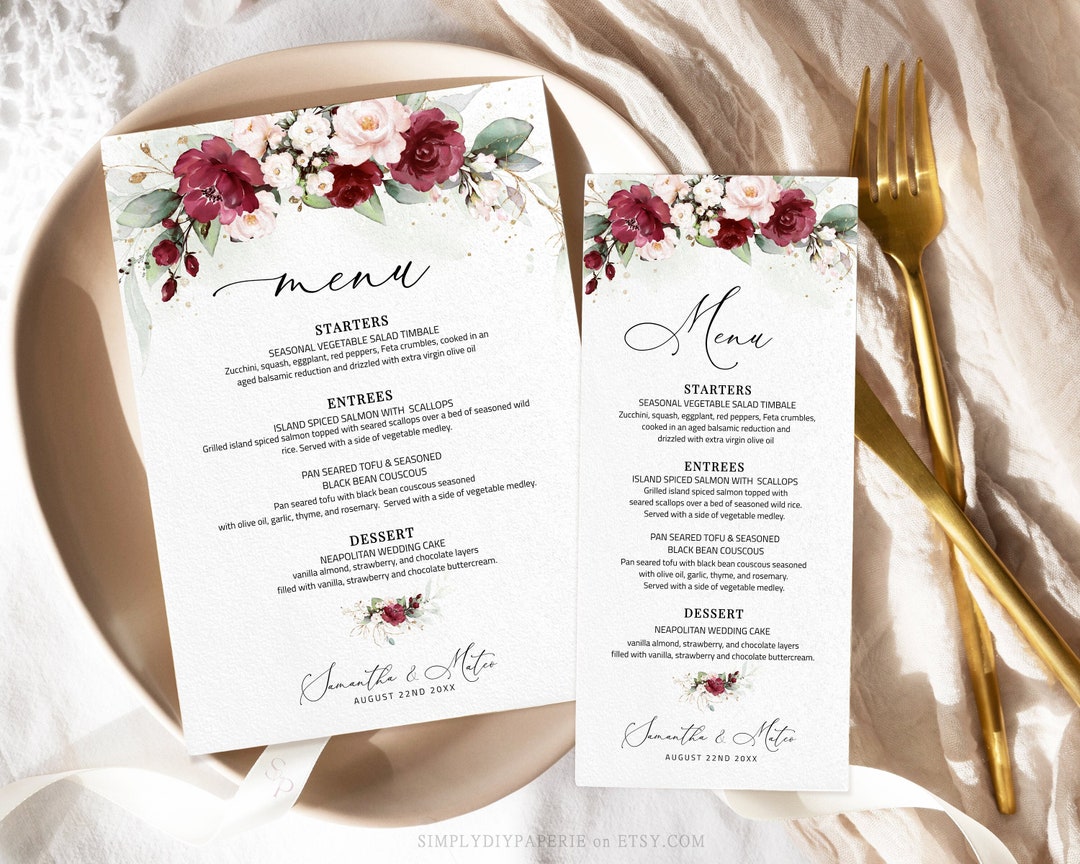 Burgundy Floral Menu Template Blush Menu Card Printable - Etsy