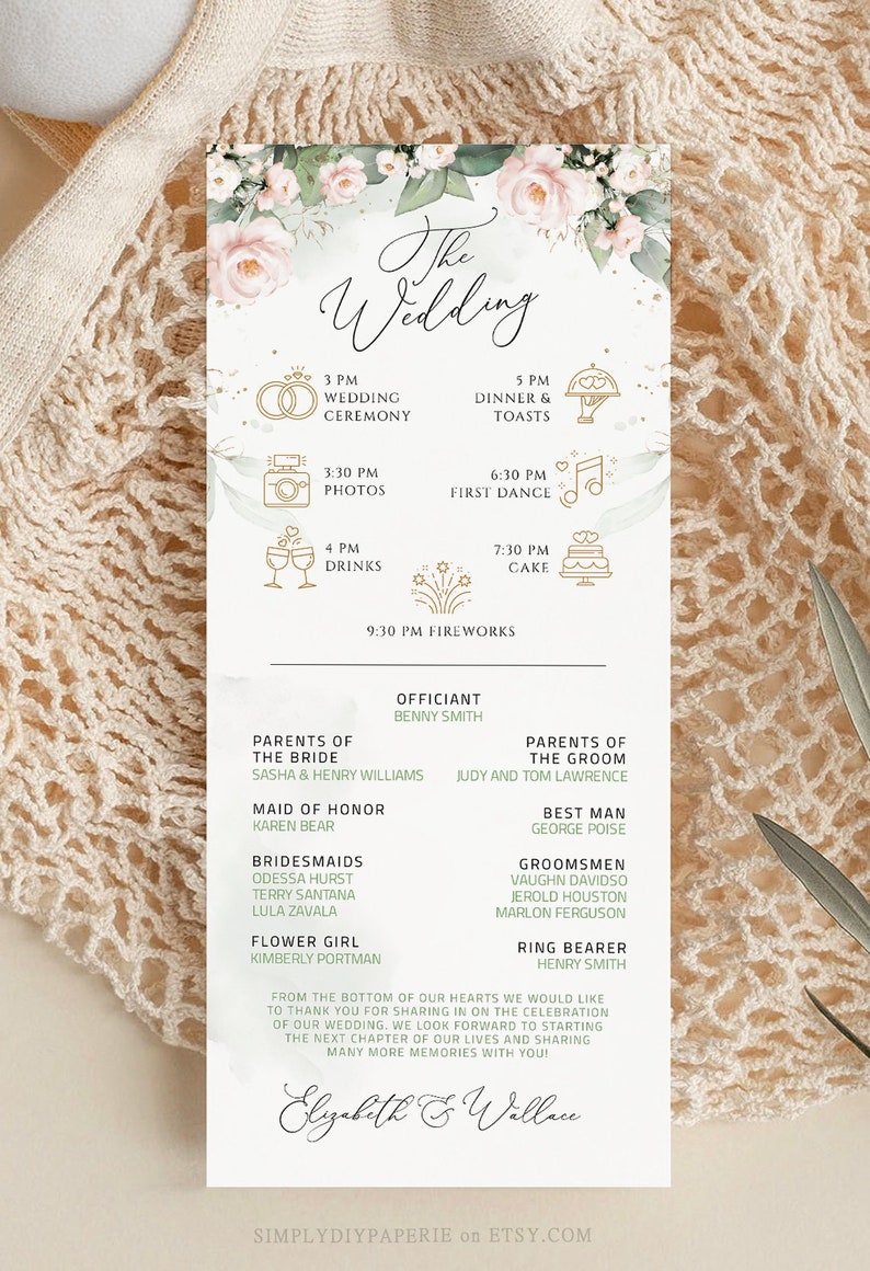 Wedding Program Template Blush Wedding Pink Floral Program | Etsy