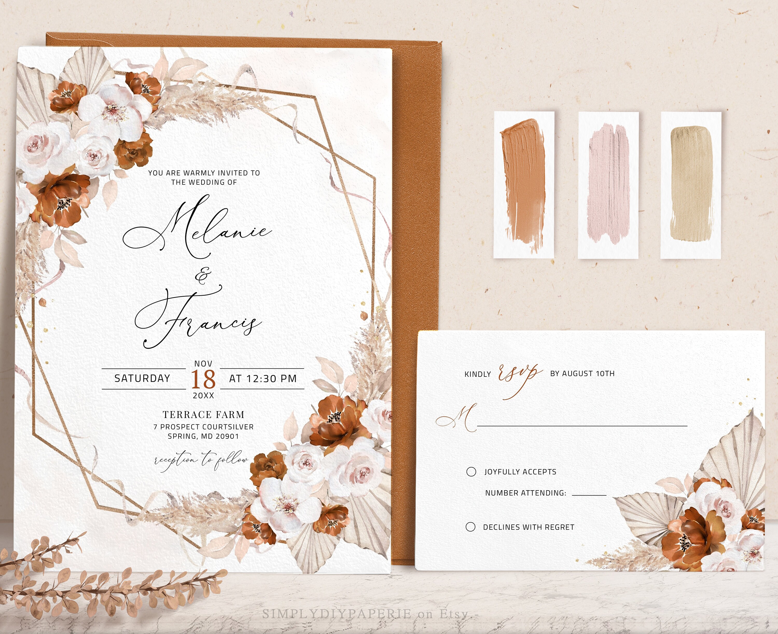 Rust Invitation With Rsvp Autumn Wedding Invite Boho - Etsy