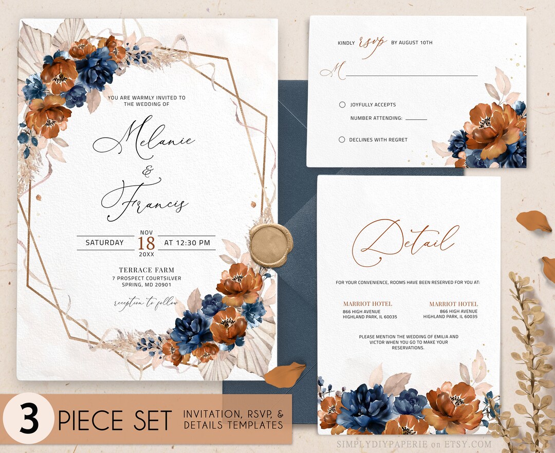 Rust Orange Wedding Invitation Template Download, Navy and Rust Wedding ...
