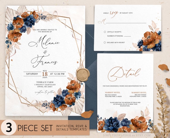 Rust Orange Wedding Invitation Template Download Navy and - Etsy