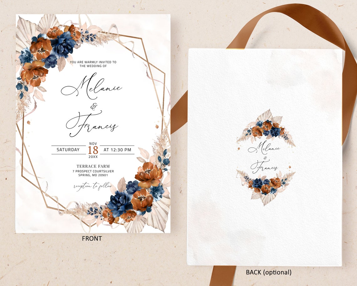 Rust Orange Wedding Invitation Template Download Navy and - Etsy