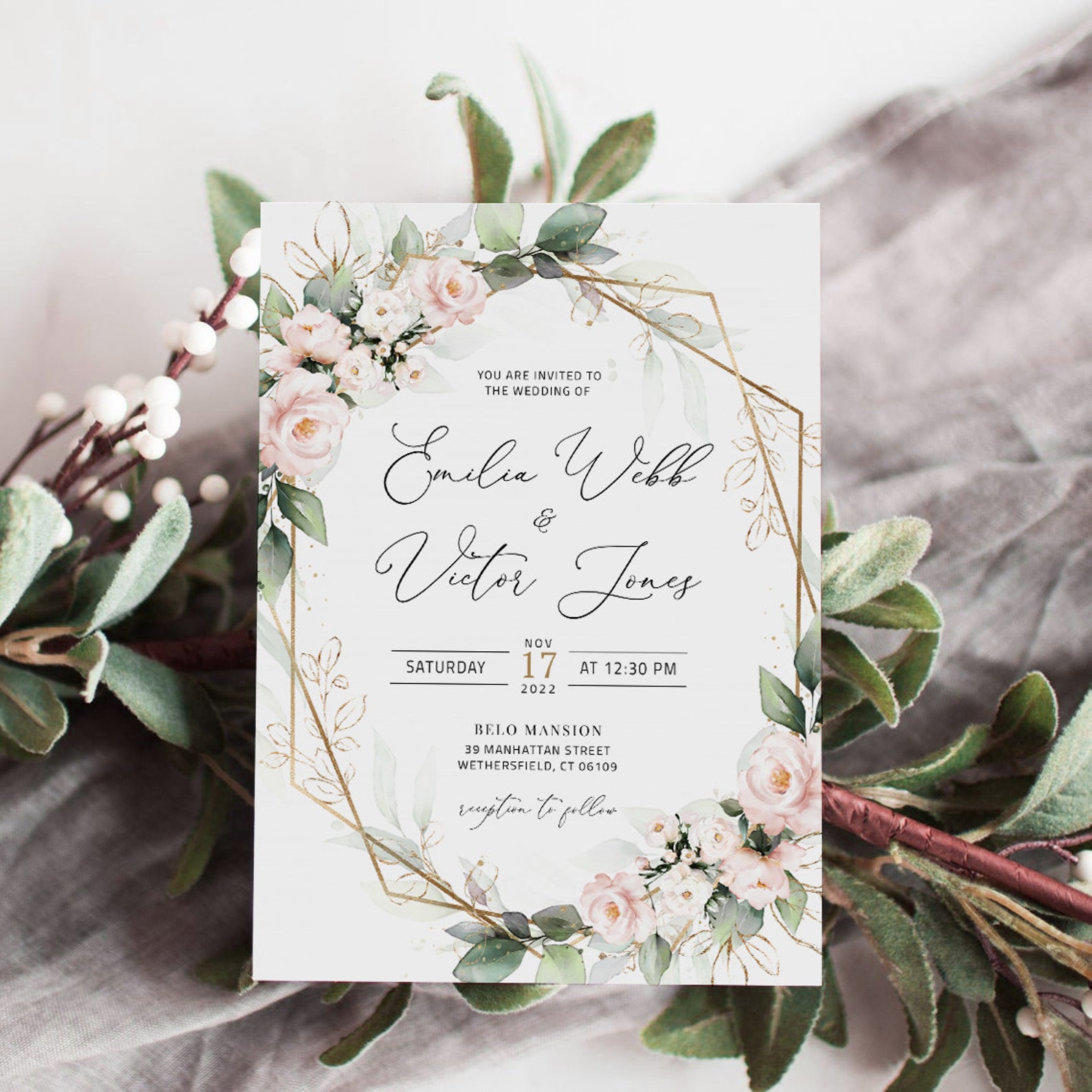 Blush Floral Wedding Invitation Template, Blush Wedding Invite Template ...