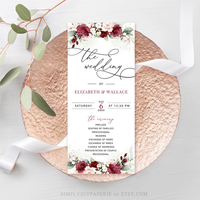 Burgundy Wedding Program Template Blush and Burgundy Wedding - Etsy