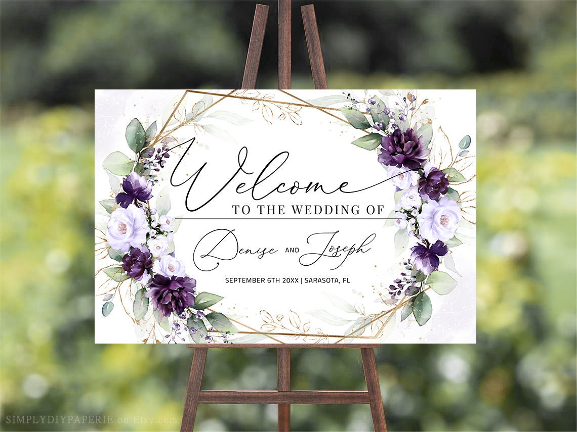 Lilac Purple and Plum Wedding Welcome Sign Template Editable | Etsy
