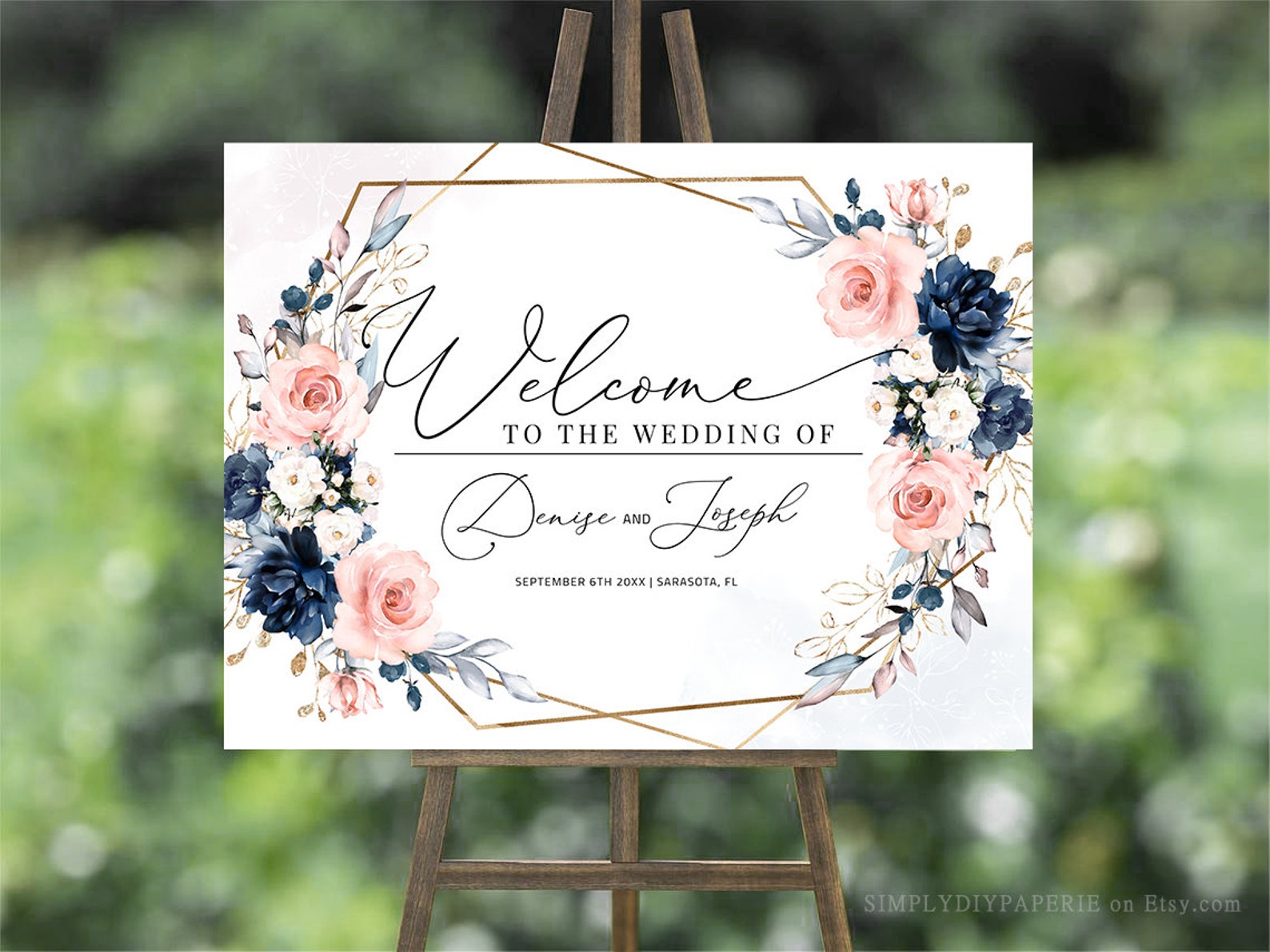 Blush and Navy Welcome Sign Template, Wedding Welcome Sign, Bridal ...