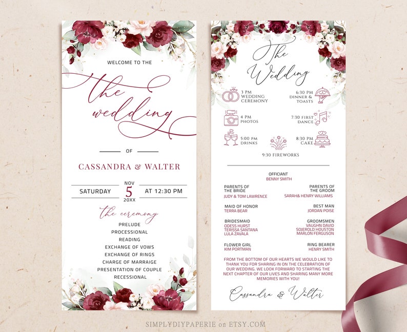 Burgundy Wedding Program Template Blush and Burgundy Wedding - Etsy
